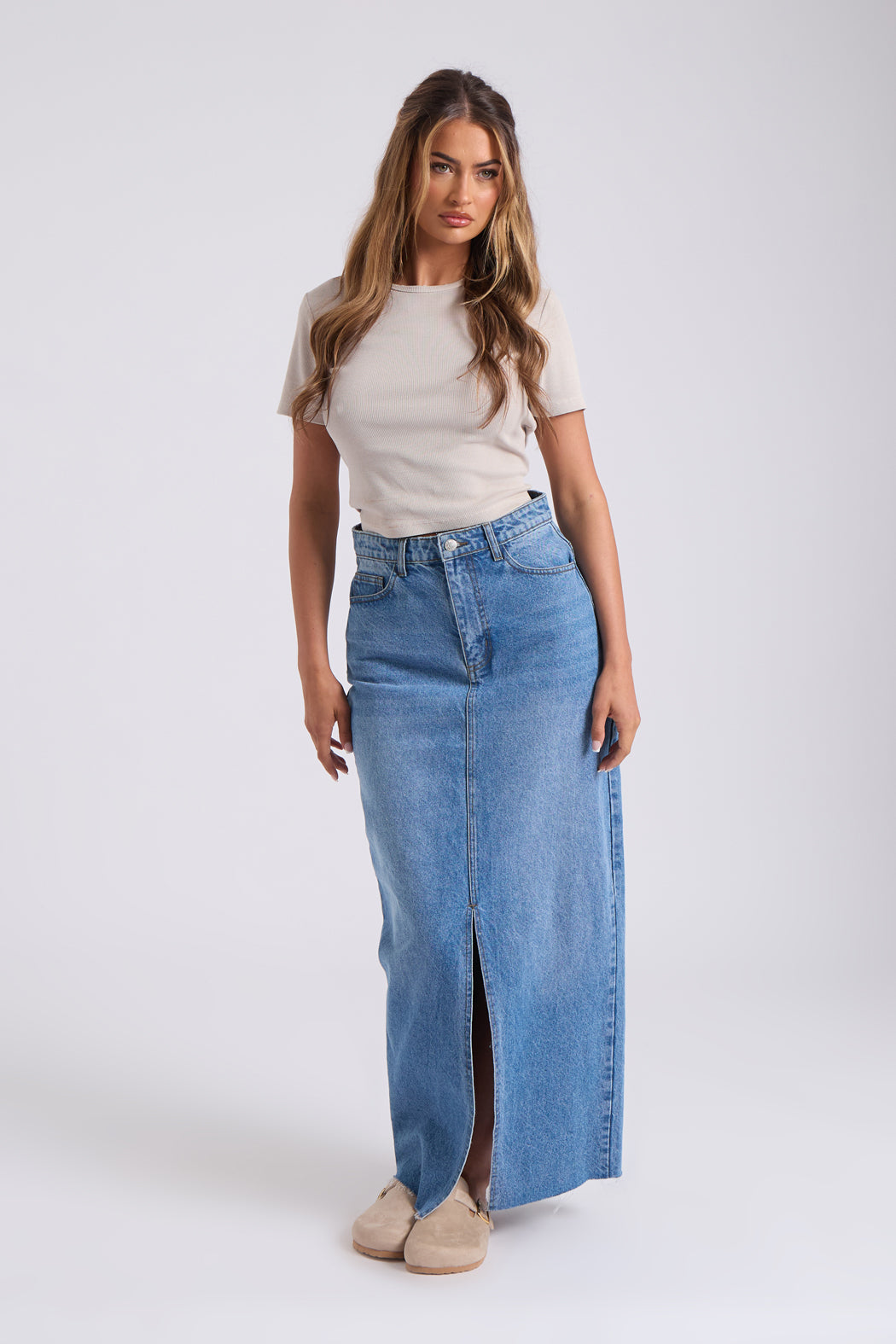 Mid-Wash Split Front Maxi Skirt – Urban Bliss