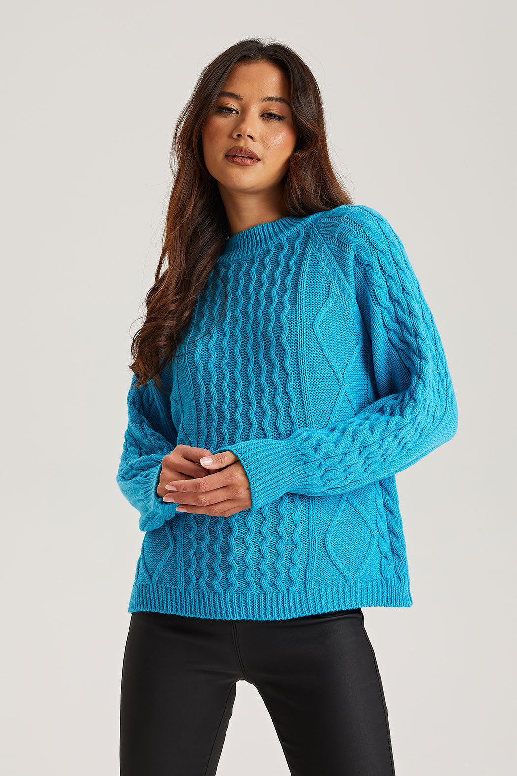 Bright Blue Crew Neck Cable Jumper | Urban Bliss clothing