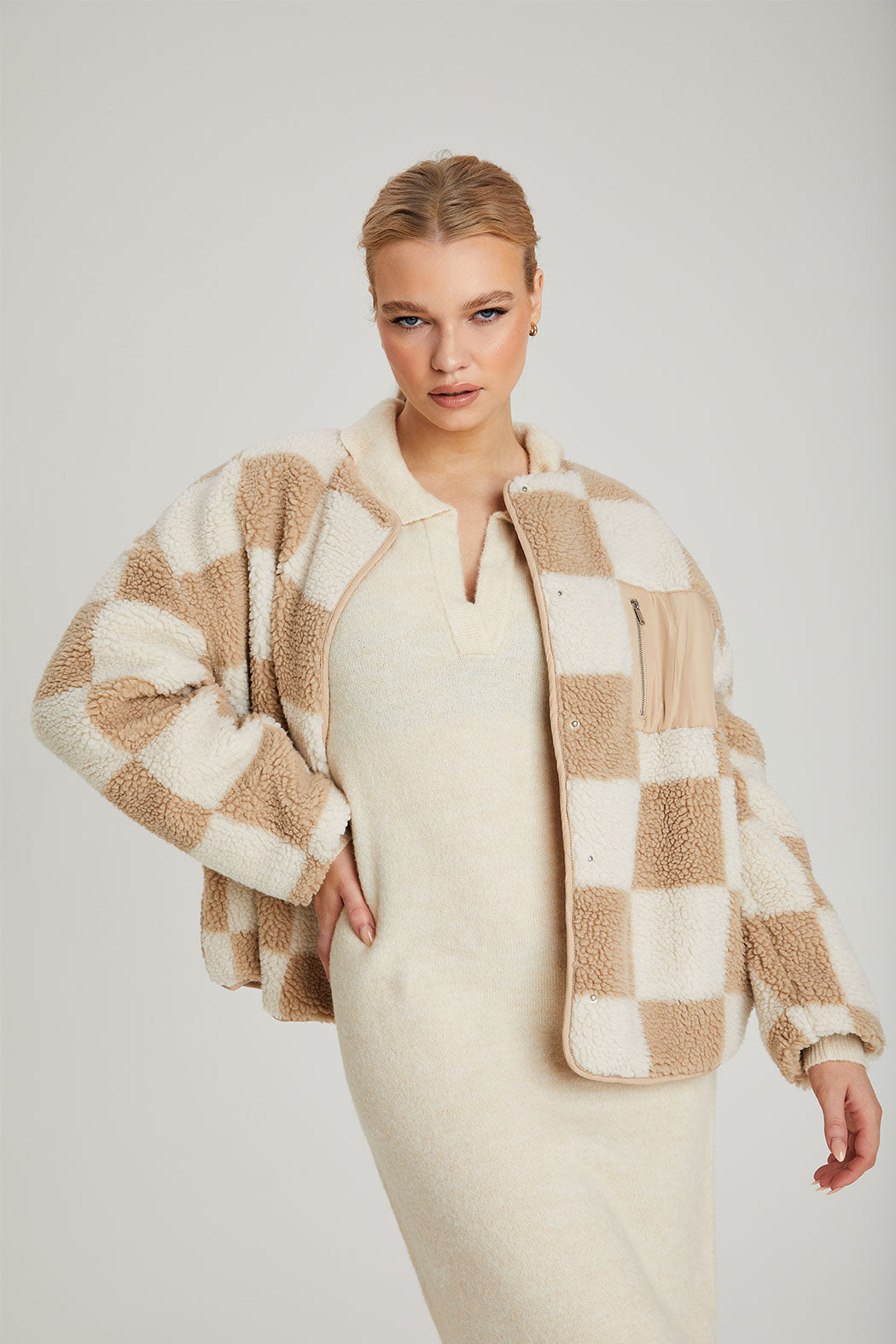 Checkerboard Collarless Coat – Urban Bliss